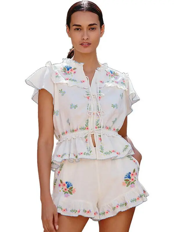Show Me Your Mumu Embroidered Top With Tie Styling - Wild Meadow Embroidery
