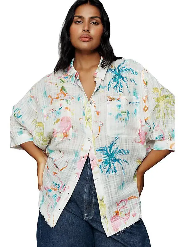 PILCRO 100% Cotton Summer Buttondown Shirt - Ivory Pattern