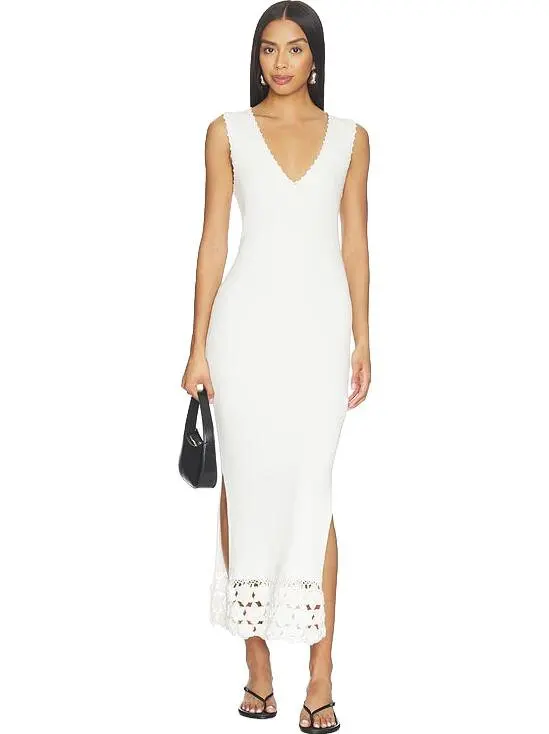 GANNI Fine Cotton Rib Crochet V-neck Dress - White