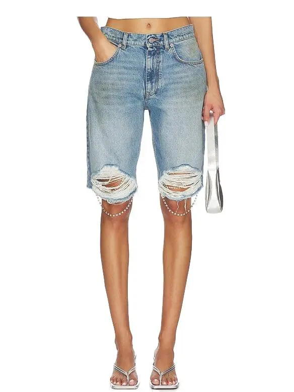 AREA Crystal Fray Jean Short - Medium Blue