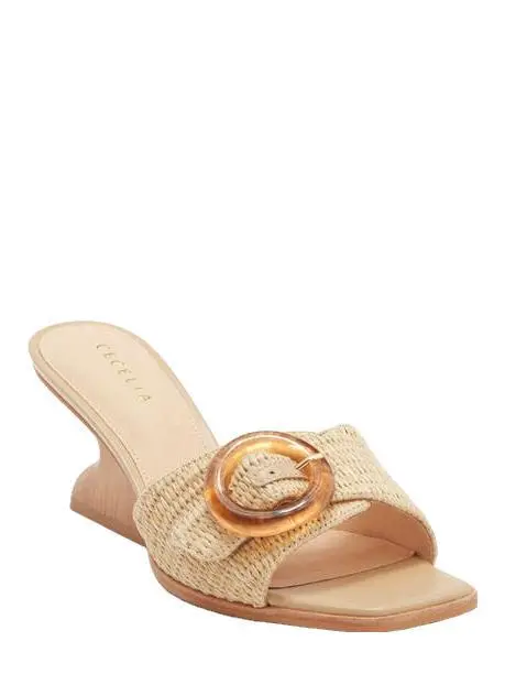 CECILIA NEW YORK Checker Buckle Raffia Wedge Slide Sandal - Tea