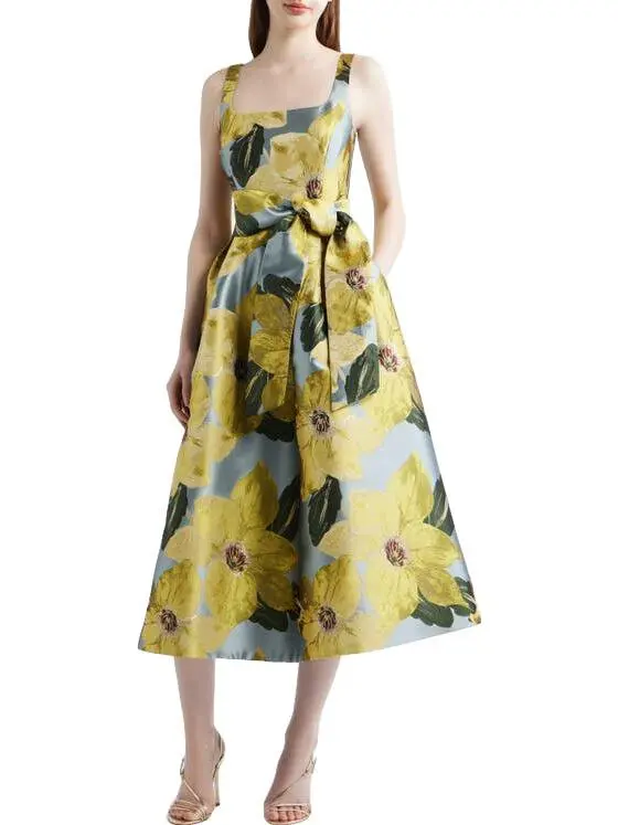 Julia Jordan Floral Jacquard Midi Cocktail Dress - Blue Multi