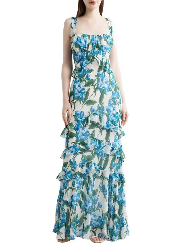 Julia Jordan Floral Ruffle Empire Waist Chiffon Gown - Ivory/blue