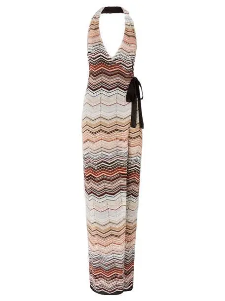 Missoni Sleeveless Long Dress In Chevron Lamé With Sequins - Green& Brown