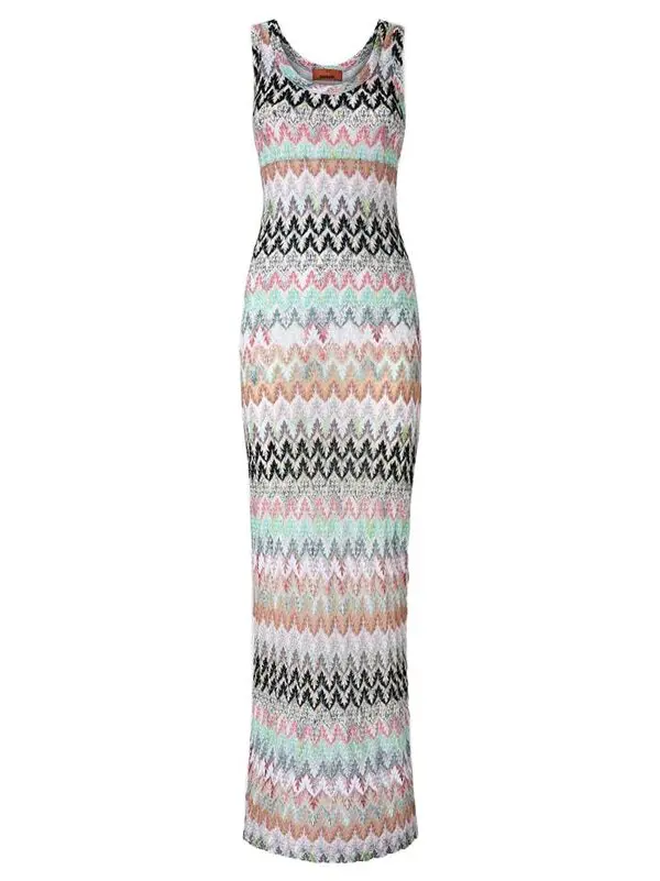 Missoni Sleeveless Long Dress In Viscose And Cotton Lam - Green& Brown