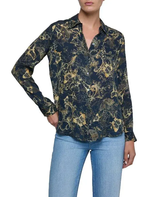 L'Agence Nina Zodiac Toile Print Silk Shirt - Midnight/gold Zodiac Toile