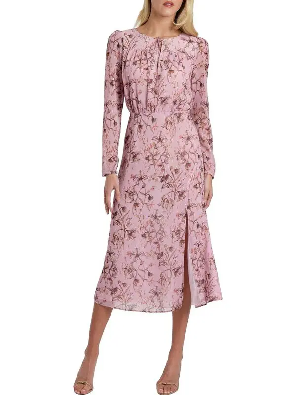 Santorelli Tessa Long Sleeve Midi Dress In Floral Georgette - Sweet Pink