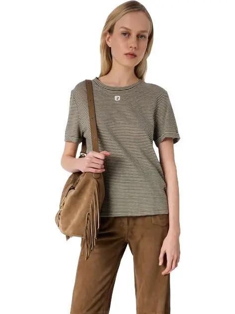 Gerard Darel Melva Striped Linen Blend T-shirt - Khaki Green