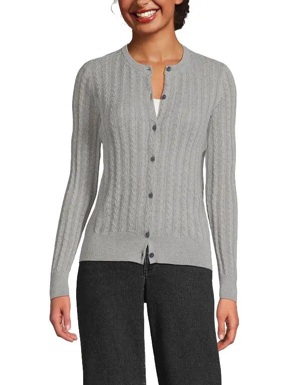 LANDS' END Cotton Pointelle Cardigan Sweater - Gray Heather