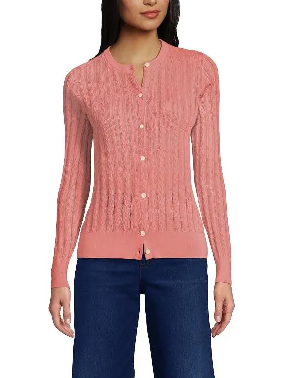 LANDS' END Cotton Pointelle Cardigan Sweater - Sunset Coral Pink