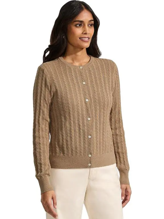 LANDS' END Cotton Pointelle Cardigan Sweater - Vicuna Heather