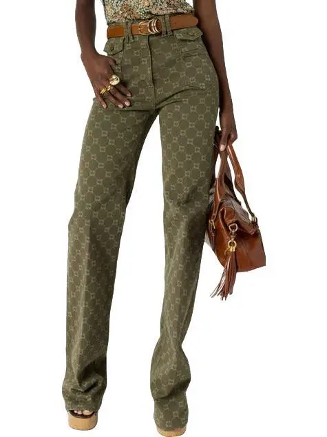 Gerard Darel Anna Monogram Print Flared Jeans - Khaki Green