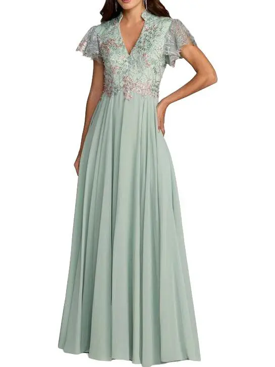 Mac Duggal Embroidered Chiffon Gown With Ruffle Sleeves - Sage