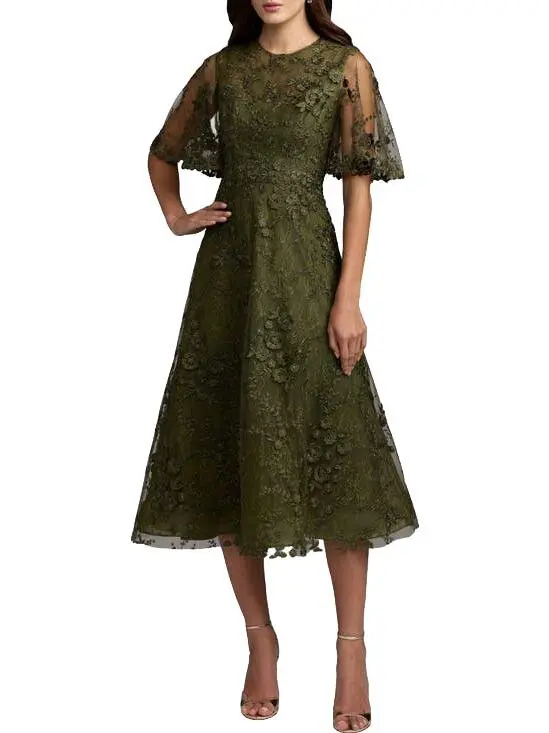 Mac Duggal Flutter Sleeve Embroidered Cocktail Midi Dress - Olive
