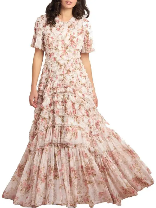 NEEDLE & THREAD Summer's Rose Valentine Ruffle Gown - White