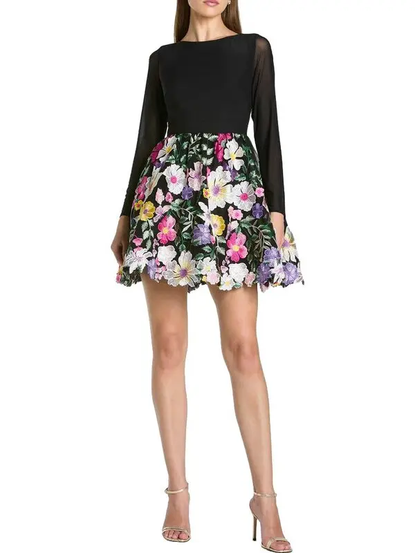 Mac Duggal Long Sleeve Mini Dress With Floral Embroidery - Black Multi