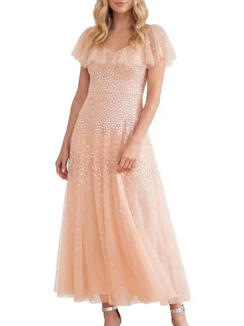 NEEDLE & THREAD Sunrise Sequin V-neck Ankle Gown - Apricot Blush