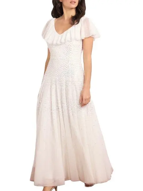 NEEDLE & THREAD Sunrise Sequin V-neck Ankle Gown - Swan White