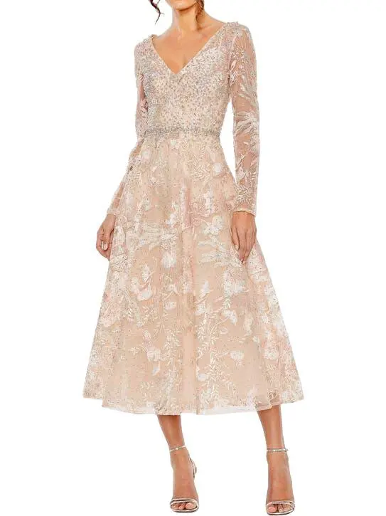Mac Duggal Beaded Embroidered Long Sleeve V Neck Midi Dress - Blush