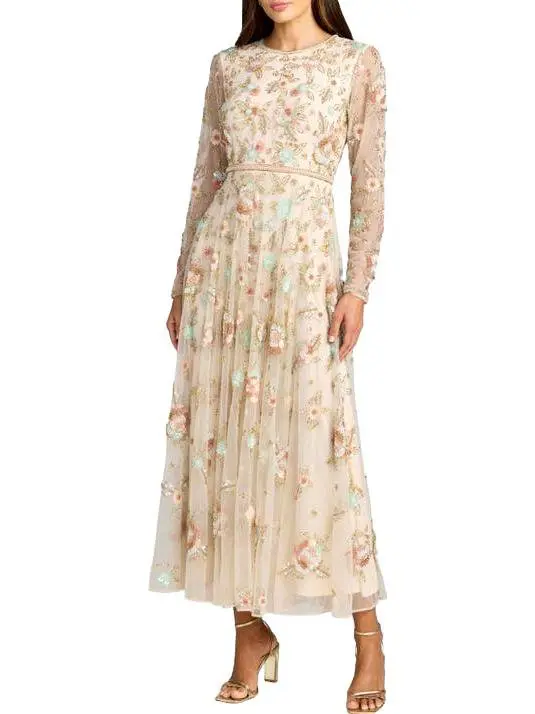 Mac Duggal Floral Embellished Long Sleeve Mesh Midi Dress - Beige Multi
