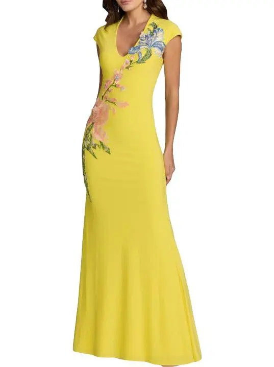 Mac Duggal Cap Sleeve Scoop Neck Jersey Gown With Floral Detail - Yellow Multi