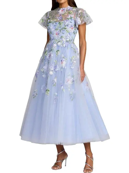 Mac Duggal Flutter Sleeve Embroidered A-line Midi Dress - Blue Multi