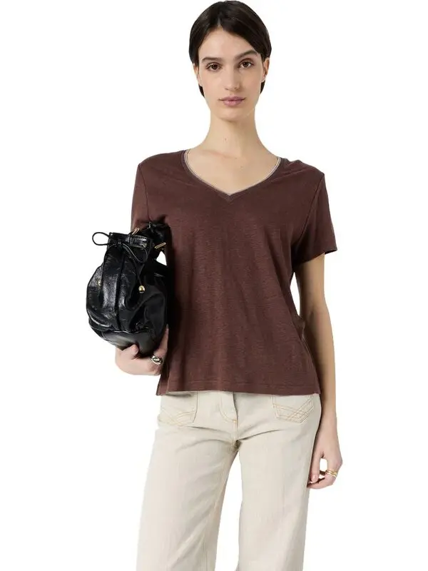 Gerard Darel Mirana Linen V-neck T-shirt - Brown