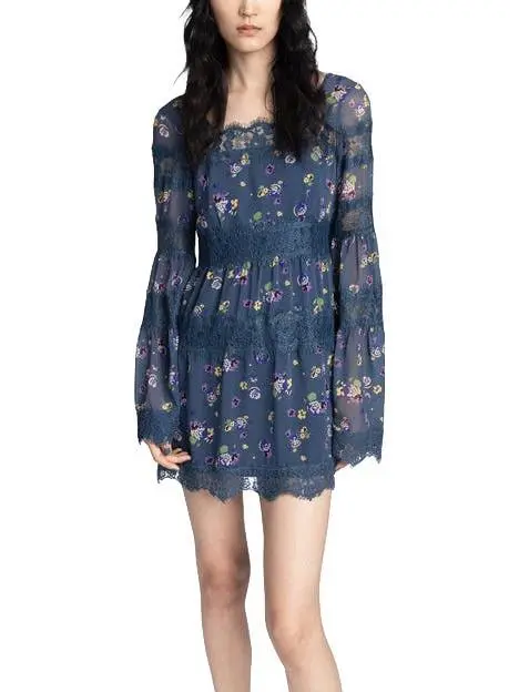 Anna Sui Night Blooming Chiffon Mini Dress - Indigo Multi