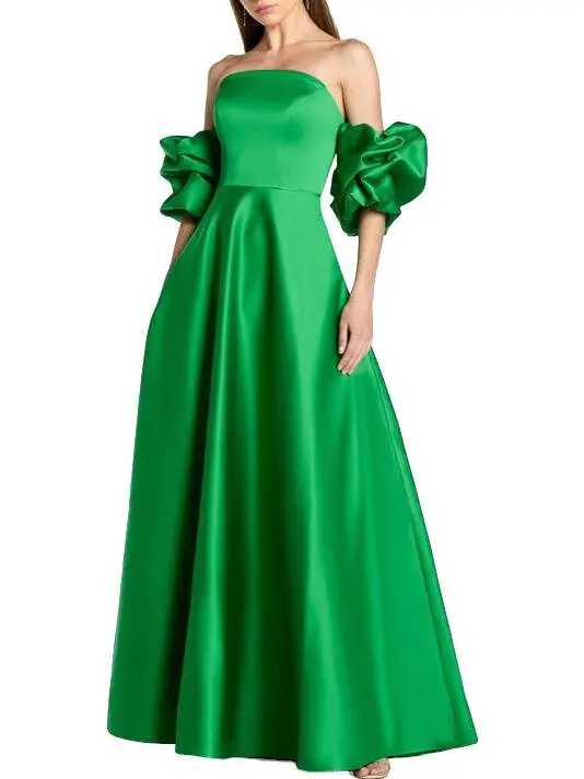 Mac Duggal Satin Off-the-shoulder Puff Sleeve Ballgown - Spring Green