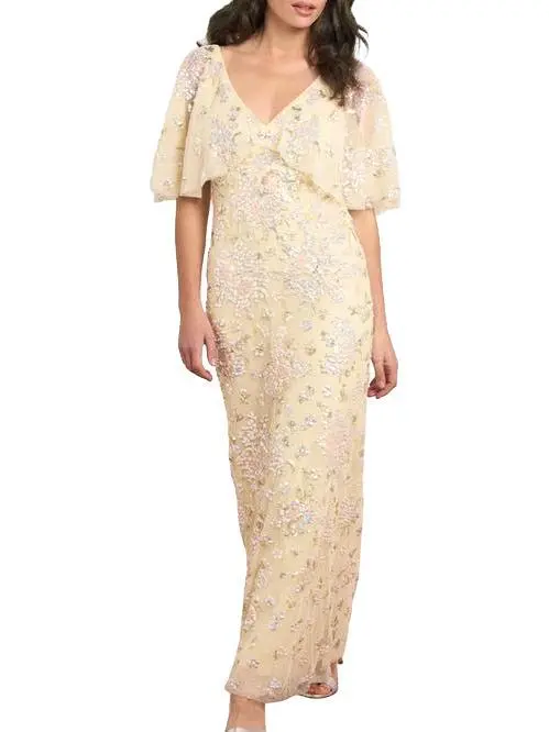 NEEDLE & THREAD Peony Bouquet Sequin V-neck Cape Gown - Lemon Sorbet/multi
