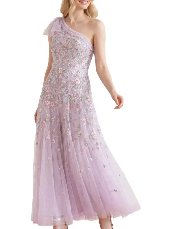 NEEDLE & THREAD Sylvia Rose One-shoulder Bow Ankle Gown - Powder Lilac/bright