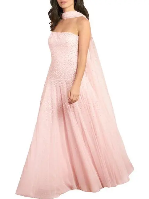 NEEDLE & THREAD Sequin Strapless Cape Gown - Peony Pink