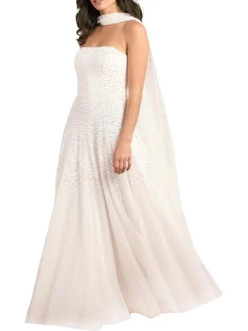 NEEDLE & THREAD Sequin Strapless Cape Gown - Swan White