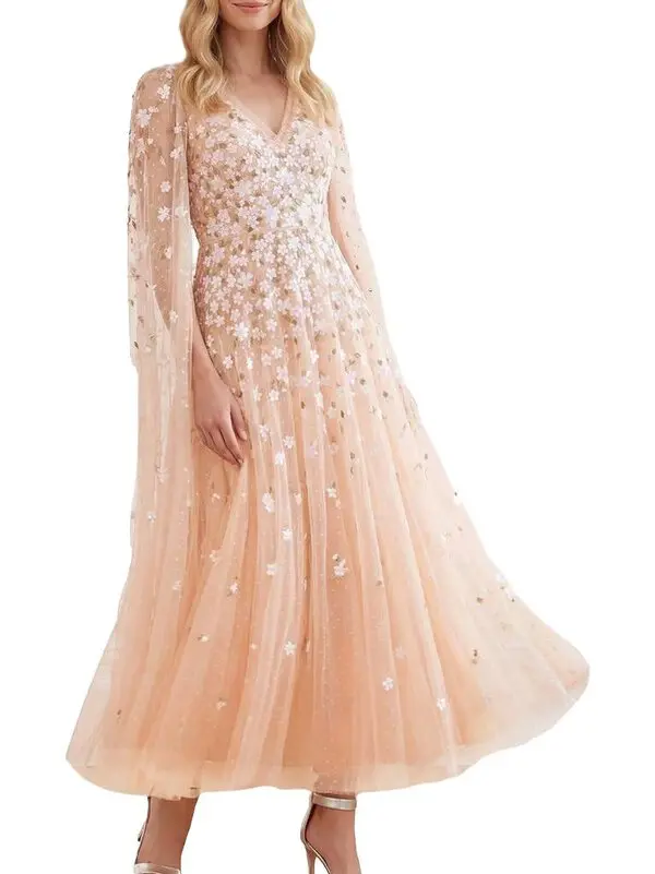 NEEDLE & THREAD Camellia Ditsy Cape Sleeve Ankle Gown - Apricot Blush/multi