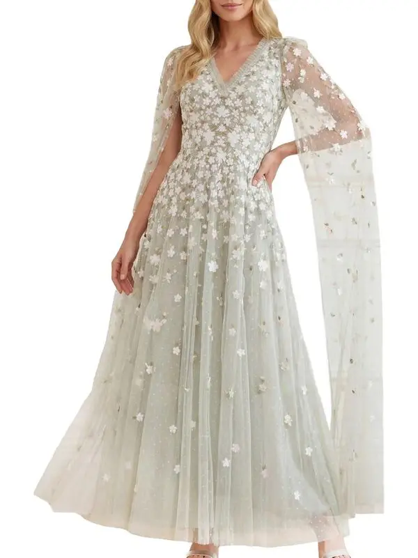 NEEDLE & THREAD Camellia Ditsy Cape Sleeve Ankle Gown - Seafoam/multi