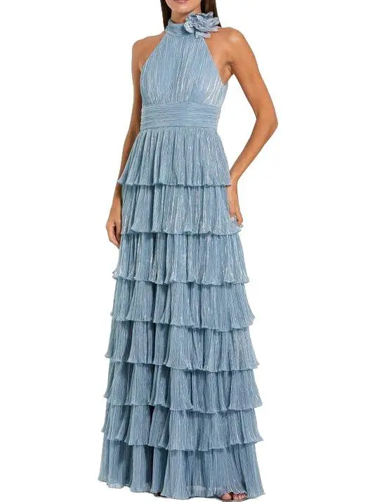 Mac Duggal Pleated Metallic Tiered Gown With 3d Flower - Powder Blue