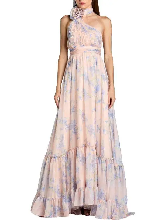 Mac Duggal Floral Chiffon Asymmetrical Halter Gown With Ruffles - Violet Multi