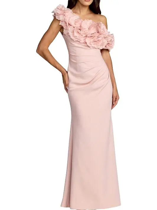 Mac Duggal Crepe One-shoulder Gown With Floral Applique - Blush