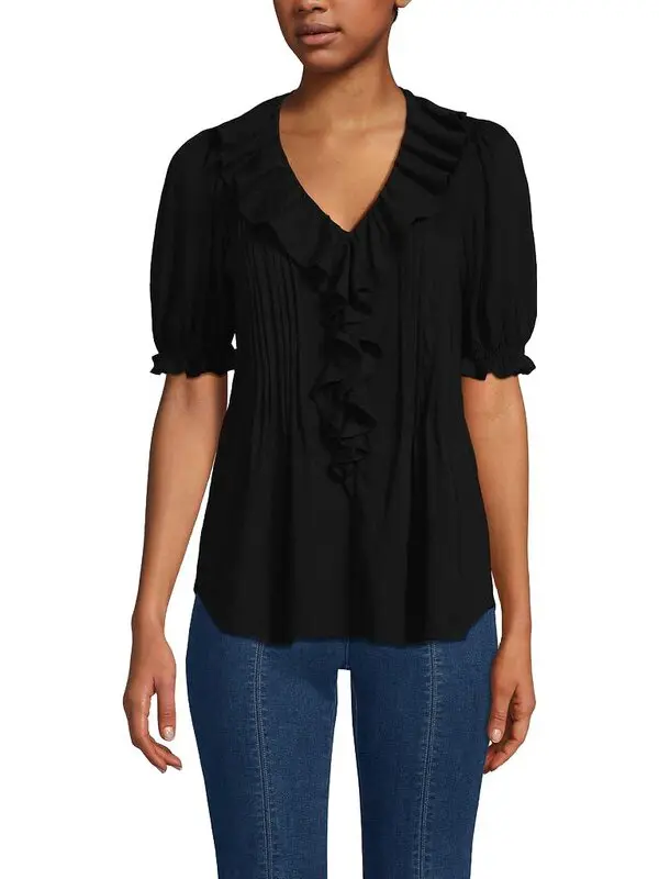LANDS' END Slub Ruffle Pintuck Top - Black