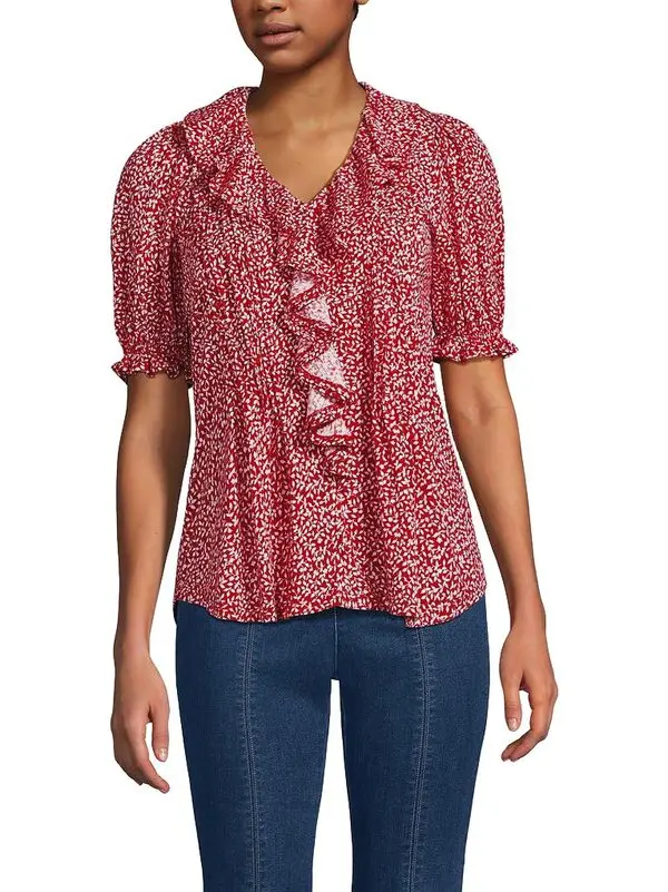 LANDS' END Slub Ruffle Pintuck Top - Red Ditsy Floral