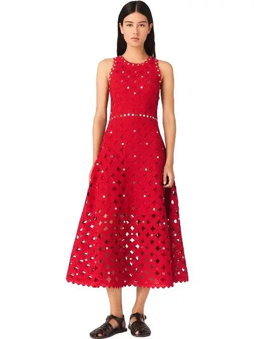 Maje Mirro Crochet Midi Dress - Red