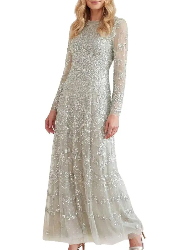 NEEDLE & THREAD Freya Long Sleeve Sequin Maxi Gown - Seafoam