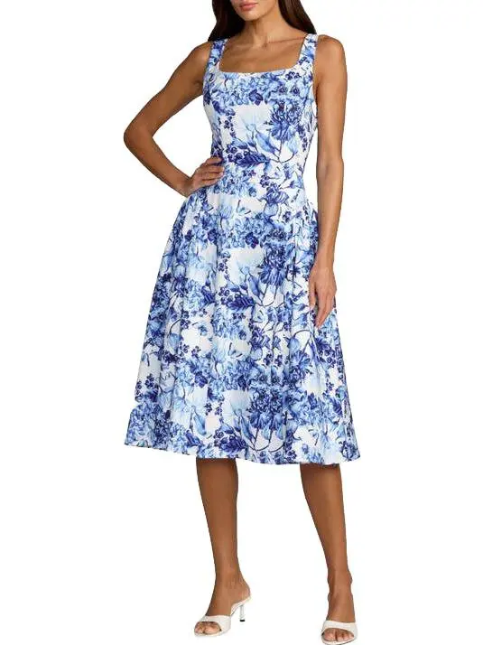 Mac Duggal Crepe Floral Square Neck Midi Dress - Blue Multi