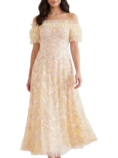 NEEDLE & THREAD Ribbon Heart Off-shoulder Ankle Gown - Lemon Sorbet/multi
