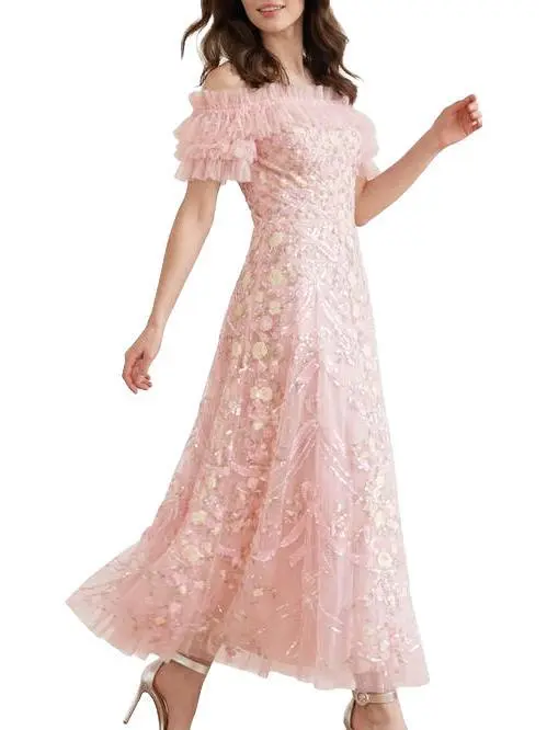 NEEDLE & THREAD Ribbon Heart Off-shoulder Ankle Gown - Peony Pink/multi