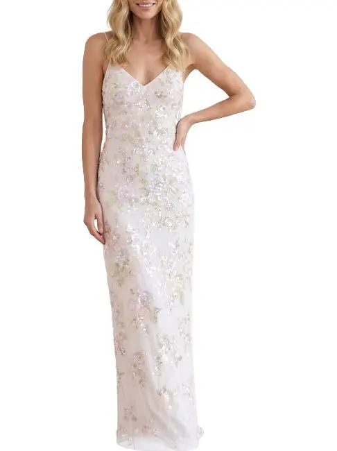 NEEDLE & THREAD Sequin Paradise Georgette Cami Gown - Swan White/multi