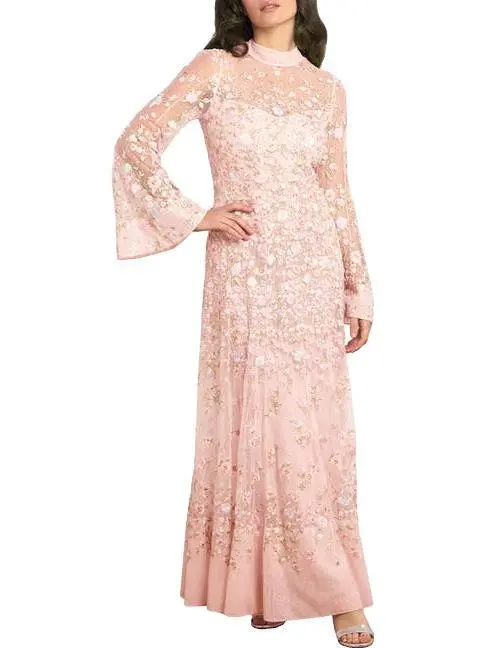 NEEDLE & THREAD Sylvia Rose Long Sleeve Ankle Gown - Peony Pink/bright