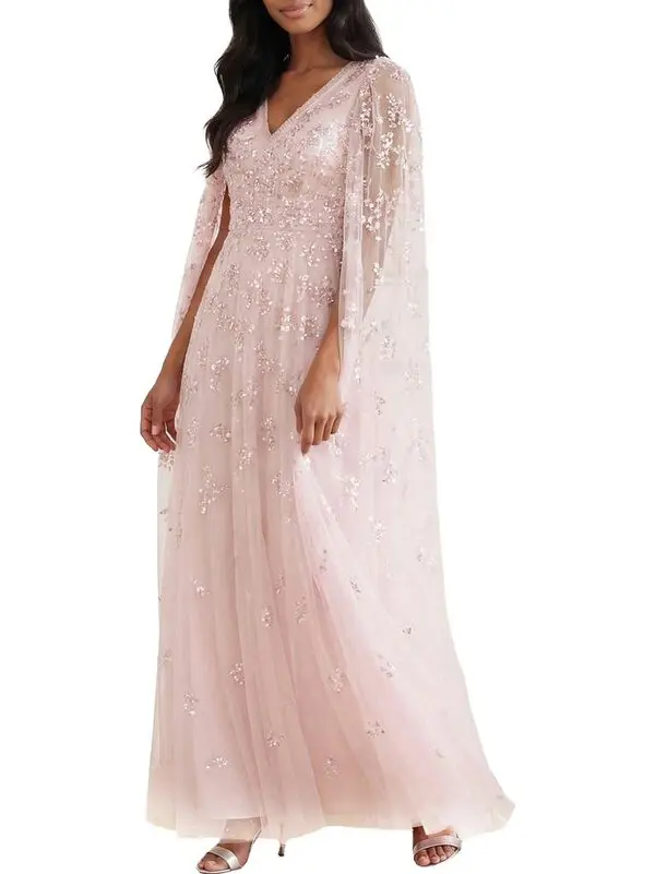 NEEDLE & THREAD Freesia Shimmer Cape Sleeve Ankle Gown - Opal