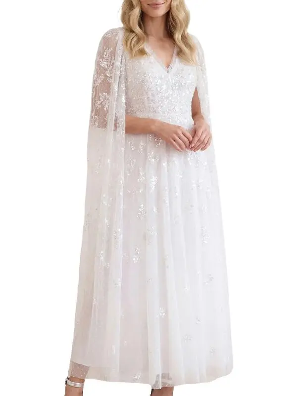 NEEDLE & THREAD Freesia Shimmer Cape Sleeve Ankle Gown - Swan White/pink