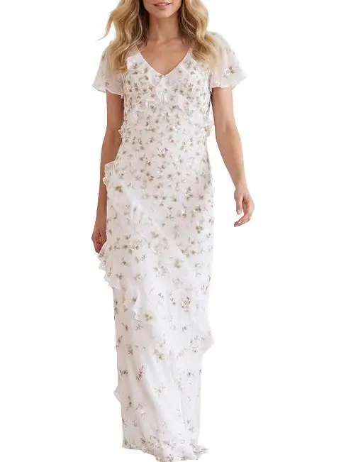 NEEDLE & THREAD Meadow Ditsy Georgette Gown - Swan White/peach